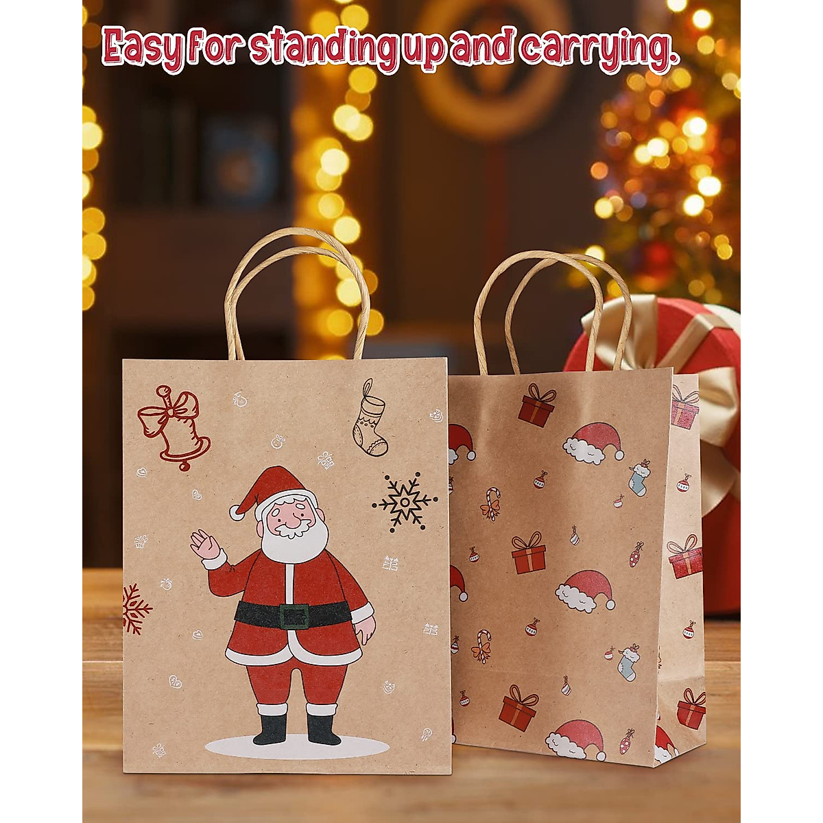 24-Pack Christmas Gift Bags, 6 Designs Christmas Kraft Paper Bags, 8.26x5.9x3.14 Inches with Handles Xmas Gift Bags, Suitable for Holiday Kraft Paper Gift Bags, Christmas Gift Bags, Party Gift Bags
