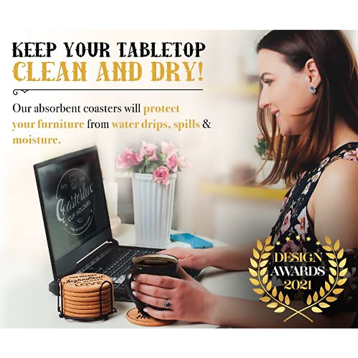 Coasterlux Cork Coasters for Drinks Absorbent with Holder - Cute & Funny Set of 8 Large Round Outdoor Cup Coasters for Wooden Table Protection, Coffee Trivet, Cups and Mugs - Cool Drink Coaster Gift