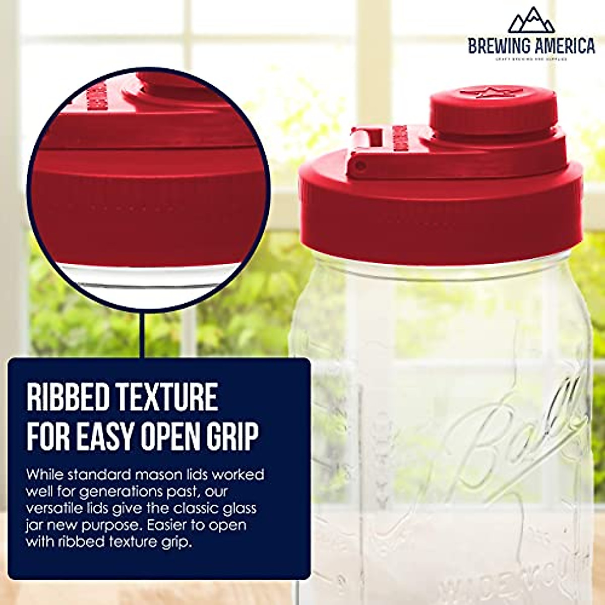 Brewing America Glass Mason Jar Pitcher with Lid - Ball Jars, 2 Quart (64 oz) with Old Glory Red Wide Mouth Mason Jar Pour Lid, for Smoothie, Boba Cup, Sun Tea Jar, Cold Coffee Glass Tumbler