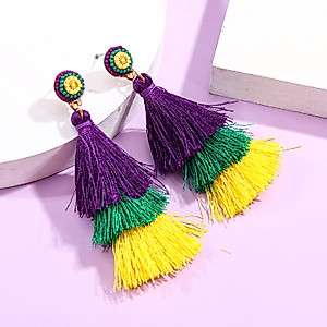 VOGUEKNOCK Mardi Gras Earrings Beaded Ear Stud Tiered Tassel Drop Earrings Mardi Gras Costume Party Jewelry Accessories (Mardi Gras)