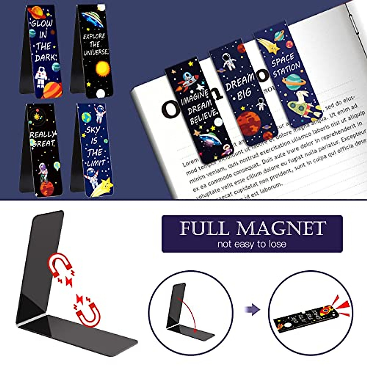 32 PCS Magnetic Bookmarks, ZYNERY Space Book Marks Moon Roaming Assorted Bookmark Sets, Book Markers for Women/Men/Students/Kids/Book Lovers/Readers/Birthday Gift, 16 Styles