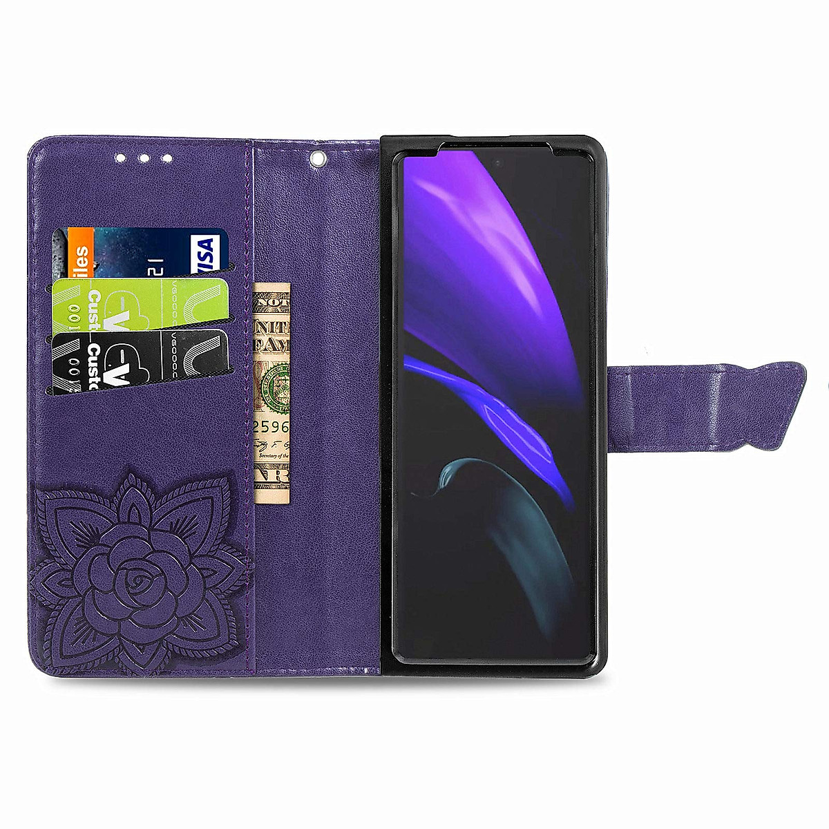 LEMAXELERS Samsung Galaxy Z Fold 2 5G Case Bling Diamond Butterfly Embossed Wallet Flip PU Leather Magnetic Card Slots with Stand Cover for Samsung Galaxy Z Fold 2 5G Diamond Butterfly Purple SD