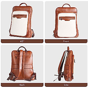 GUETES Leather Laptop Backpack, for Women and Men 15.6 inch Computer Backpack Travel Large Business Work College Daypack, Off White+ Brown
