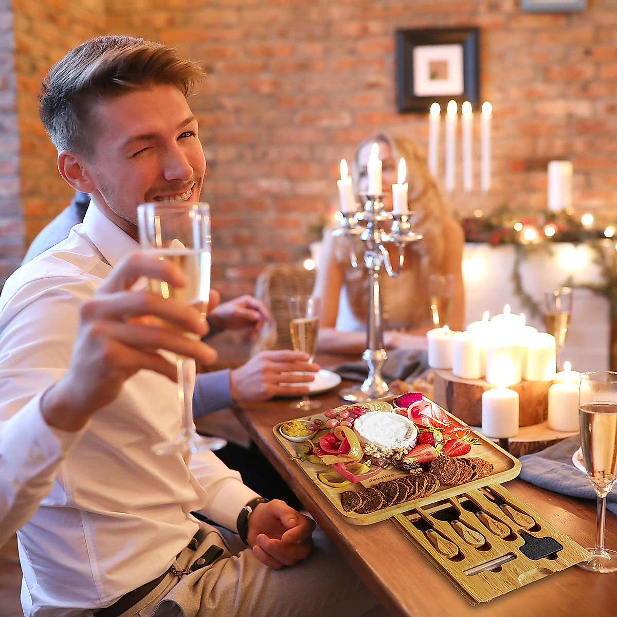 Cheese Board Natural Bamboo Platter with Knife and Forks Set with Ceramic Bowls dubaBoo Charcuterie Platter and Serving Meat, Cheese Board with Slide Out Drawer, Gift for Any Occasion.