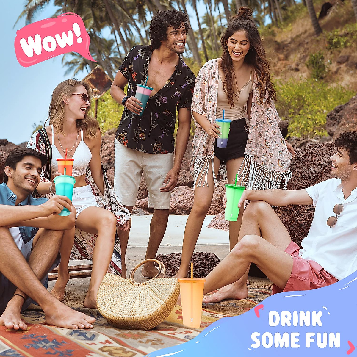 Meoky Plastic Cute Cold Cups with Lids and Straws Bulk for Iced Coffee - 6 Pack 24 oz Color Changing Reusable for Adults Kid Women Party