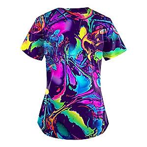 Women's Medical Scrub Shirts Medical Scrub Top Large Stretch Breathable Comfortable Kid Friendly Pediatric Nurse Uniform Shirt with Pockets Blue Nursing Tunic Tops 2XL Cotton Scrubs for Women