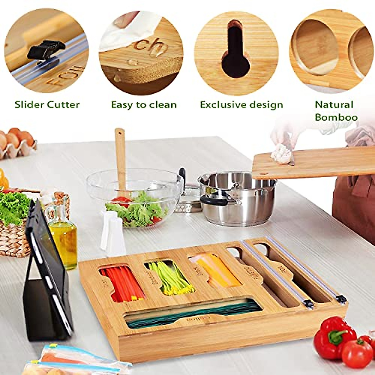 Ziplock Bag Organizer, Bag Storage Organizer for Kitchen Drawer, Plastic Wrap Dispenser with Cutter, 6 IN 1 Bamboo Foil and Plastic Wrap Organizer, Compatible with Gallon Quart Sandwich and Snack Bag