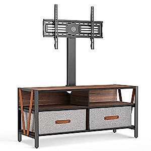 FITUEYES Wood Swivel Floor TV Stand with Mount for 37-75 Inch TVS, Television Stands with Storage for Bedroom - Height Adjustable, Cable Management, Removable Fabric Drawers, VESA 400x600mm, Walnut