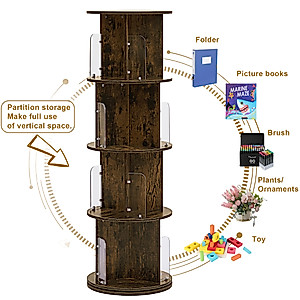 VECELO 4 Tier Revolving Bookshelf Tower, 360° Display Floor Standing Storage Rack with Acrylic Visible Window Partition for Bedroom, Living Room Home and Office, Brown