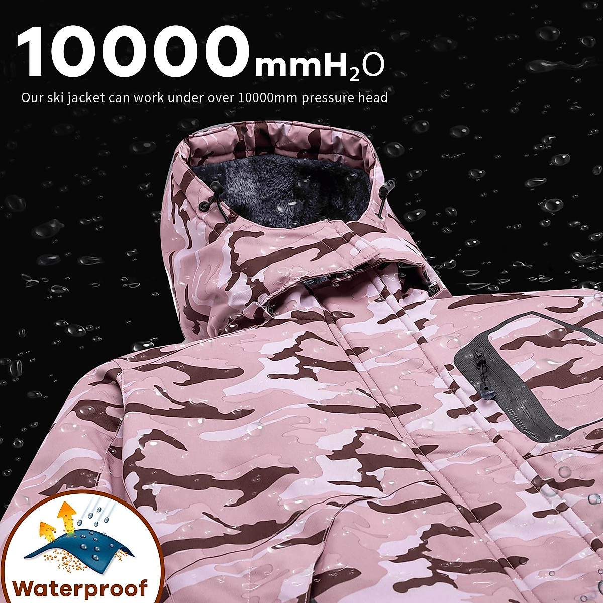 WULFUL Women’s Waterproof Snow Ski Jacket Mountain Windproof Winter Coat with Detachable Hood