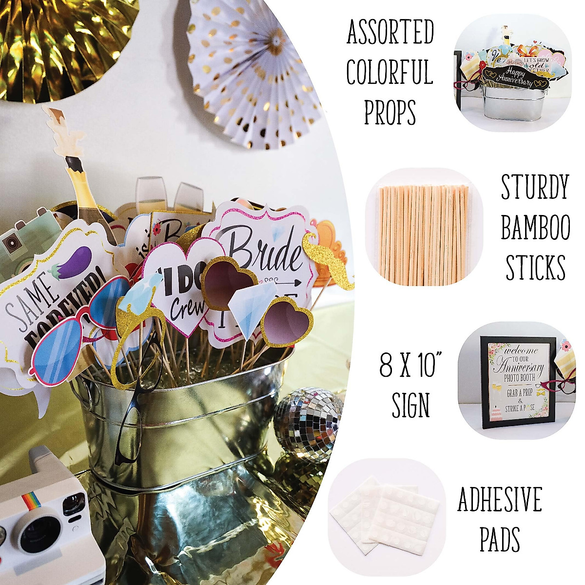 Bridal Shower Photo Booth Props - 41-pc Photo Booth Kit with 8 x 10-Inch Sign, 60 Adhesive Pads, 45 Sticks - Team Bride Photo Booth Props - Bachelorette Props Photo Booth