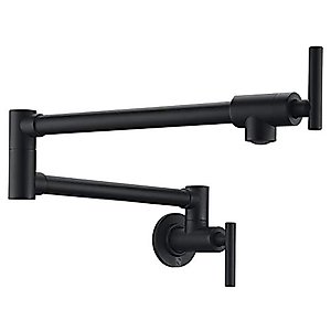 Braccia Series 24" Wall Mounted Pot Filler in Matte Black | 24” Reach Spout Solid Brass Two Handle Dual Shut-Off Valve Double Joint Swing Arm Wall Mount Kitchen Folding Faucet | KF-AZ258BKM