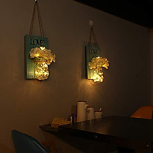 FineUsea Set of 2 Mason Jars Sconce, Rustic Home Decor Wall Wood Art Sconces Hydrangea Flowers LED Fairy Lights for Country House Office Dining Room Decor (Blue)