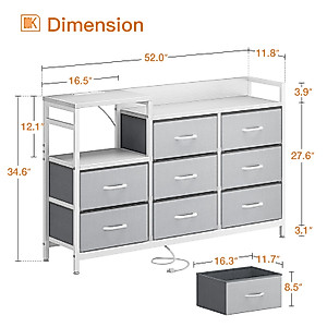 ODK Dresser with Charging Station, 52-Inch Long Dresser for Bedroom with 8 Storage Drawers, Fabric Dressers Chests of Drawers with Sturdy Steel Frame and Wooden Top, White and Light Grey