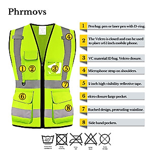 Phrmovs Class 2 Hi Vis Reflective Safety Tool Vest for Women Work with 7 Pockets and Zipper, Security Vest Meets ANSI/ISEA Standard Yellow, M