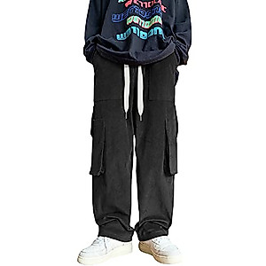 Floerns Men's Casual Corduroy Pants Drawstring Waist Straight Leg Cargo Pants Black M