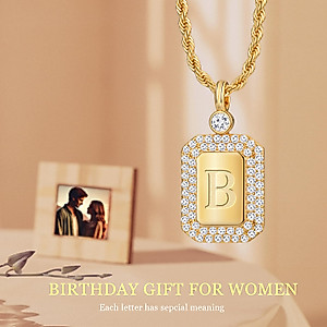 Valentine's Day Gift Gold Initial Necklaces for Women, Letter Necklace for Her Birthday Gift for Friends, Yellow Gold Initial Pendant Necklace with Rope Chain, Gold Plated, Cubic Zirconia