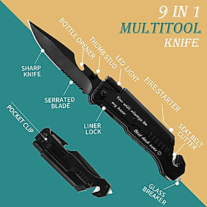 Gifts for Dad Men-Christmas Stocking Stuffers for Dad-Engraved Pocket Knife, 7 in 1 Multitool Folding Knives with LED Light, Unique Camping Hunting Presents for Dad