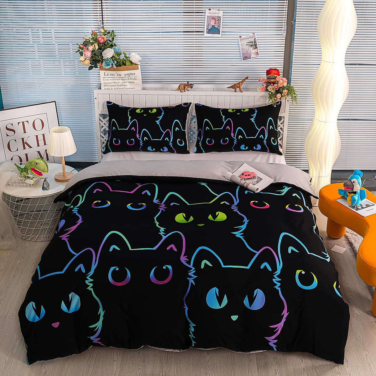 Cartoon Cat Comforter Cover Set King Size,Gradient Line Cat Bedding Set,Cute Cat Duvet Cover Set with Zipper for Teens Kids Boys Girls Adults Room Decor,1 Quilt Cover 2 Pillow Cases No Comforter,Black