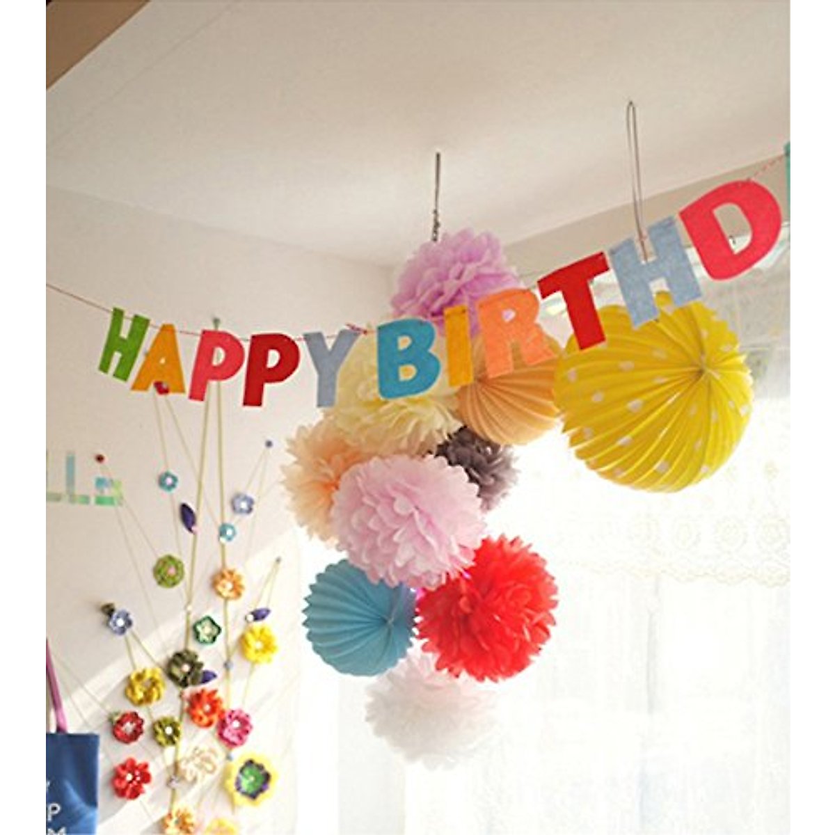 Honbay 1 Felt String Happy Birthday Party Banner and 1 String Colorful Star Banner