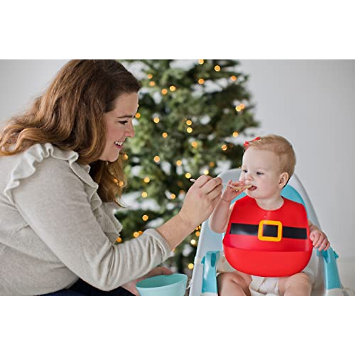 Little Holly Dear Santa Silicone Bib Set, Christmas Silicone Bibs with Food Catcher, Soft Adjustable Fit Toddler Bibs, Dishwasher Safe Baby Bibs, Feeding Accessory for New & Expecting Parents