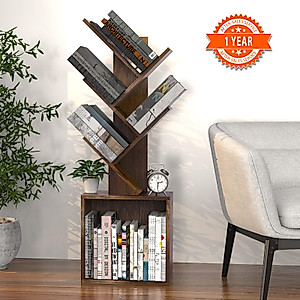 Ochine Tree Bookshelf, 5 Tier Small Bookcase with Large Drawer, Tall Wood Narrow Bookshelves Organizer for CDs/Movies/Books, Floor Standing Book Shelf for Bedroom, Living Room, Home Office Christmas