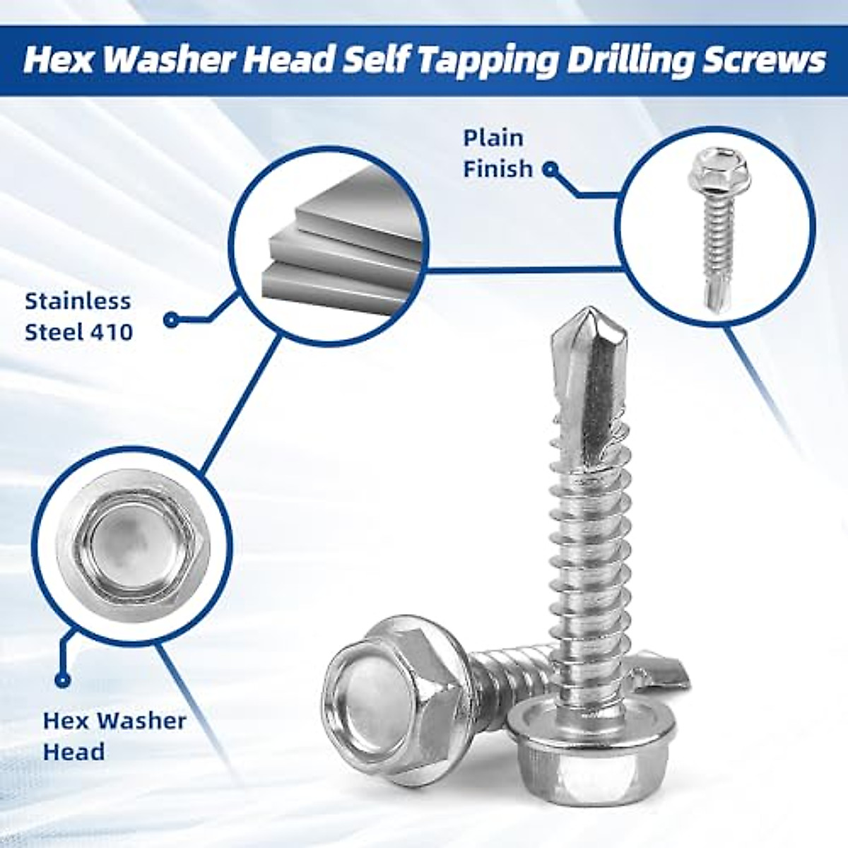 #12 x 1-1/2" Sheet Metal Screws Hex Washer Head Self Drilling Screw with Drill Point, Hex Drive, 410 Stainless Steel Self Tapping, 50 PCS