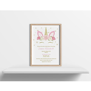 Unicorn Baby Shower Invitations Magical Birthday Party Pink Gold Mystical Glitter Sparkle Custom Printed Cards (12 count)