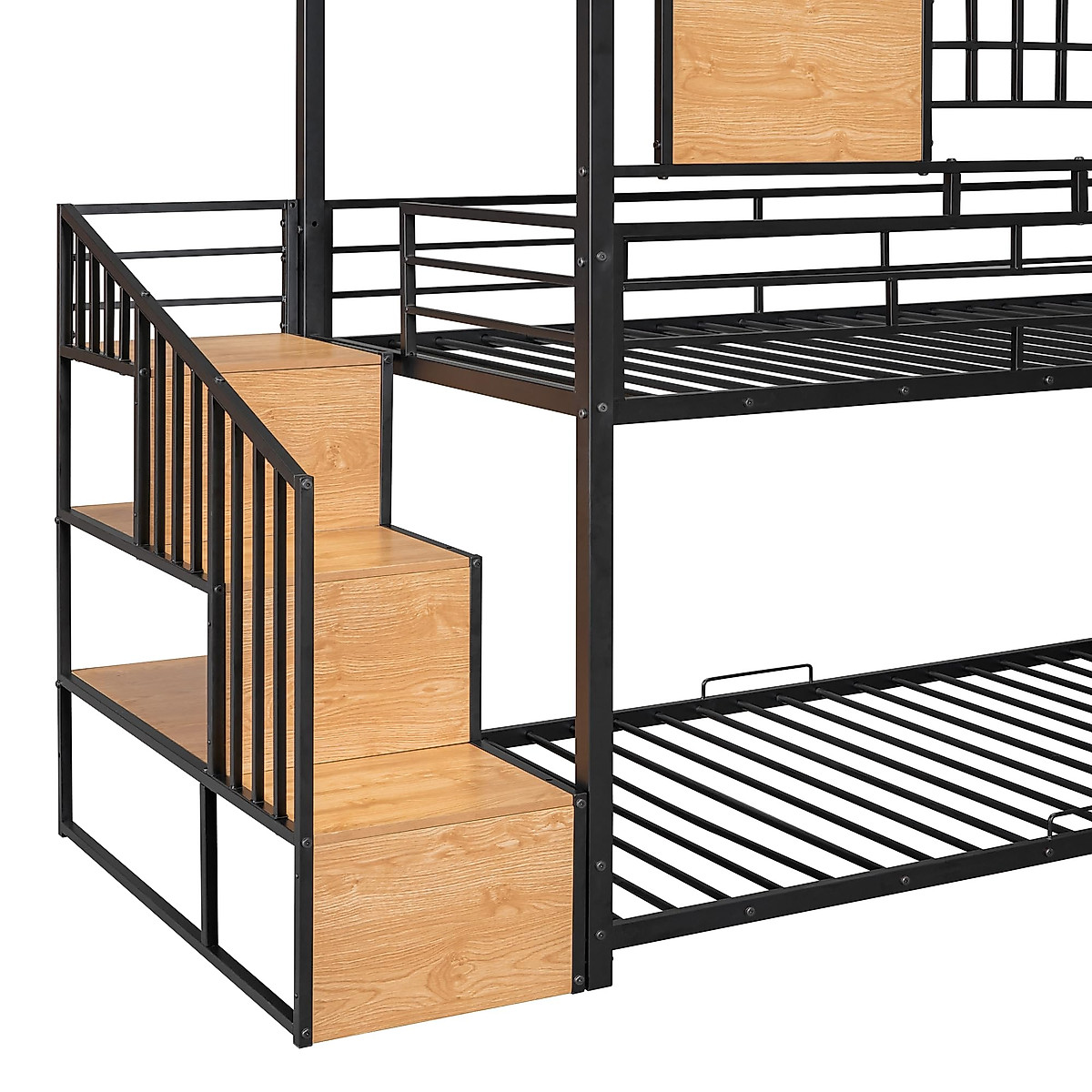 KIVENJAJA House Bunk Bed Twin Over Twin, Metal Bunkbeds Frame with Slide, Stairs and Guardrails for Kids Teens Girls Boys Toddlers, No Box Spring Needed, Black