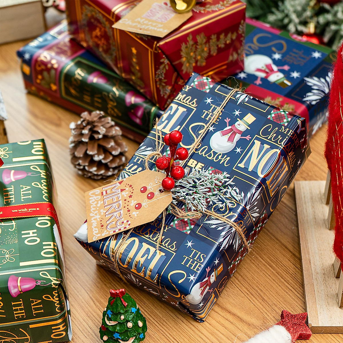 RUSPEPA Christmas Wrapping Paper - Santa Claus, Snowman, Christmas Tree and Bell Design - 4 Rolls - 30 Inches x 10 Feet Per Roll