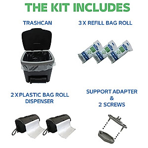 HOMEBAG Portable Small Trash Can w/Adaptable Dispenser, Lid, 3 Refill Bag Rolls (30 Bags, 13”x20”) + Extra Dispenser - Black