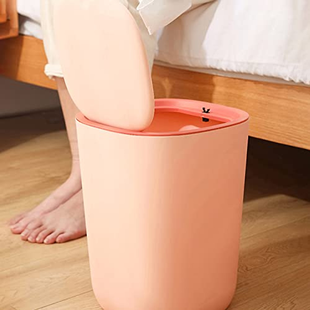EXCBIOZ Trash Can,Plastic Trash Can with Lid Press Waste Paper Bin Dustproof Multifunction for Home Kicthen Bathroom Living Room Garbage Organizer, 9.13x7.87x11.81in, pink