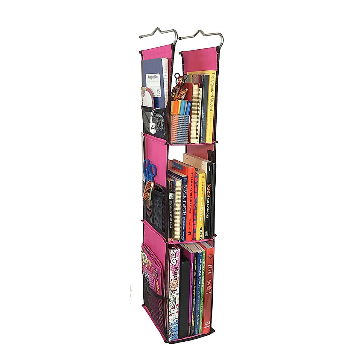LockerWorks 3 Shelf Adjustable Hanging Locker Organizer, 20-38" Tall x 6" Wide x 9" Deep, Shelves 12"-14" Tall, Hangs from Shelf, Hooks or Rod to Create Storage Space. Fuchsia w/Black Trim