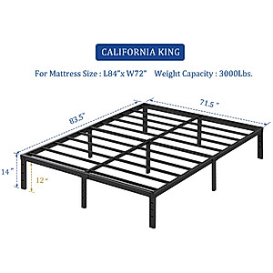 YUSENHEEI 14 Inch California King Size Bed Frame, No Box Spring Needed, Heavy Duty Metal Platform Bed Frame with Large Underbed Storage Space, Noise Free, Easy Assembly, Black