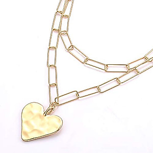 YAHPERN Layered Rectangle Paper Clip Chain Link Choker Statement Hammered Heart Pendant Necklace Minimalist Chunky Thick Chain Jewelry For Woman (gold)