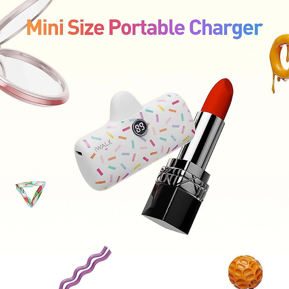 iWALK USB-C Portable Charger with Colorful Pattern, 20W PD Fast Charging 4800mAh Small Power Bank with LED Display, Compatible with iPhone 15/15 Plus/15 Pro/15 Pro Max, iPad, Airpods, White
