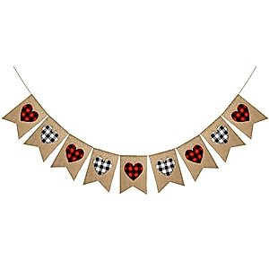 Whaline Valentine's Day Burlap Banner with String Black Red White Plaid Heart Banner Pre-Assembled Vintage Banner Fireplace Wall Hanging for Party Wedding Anniversary Home Decoration