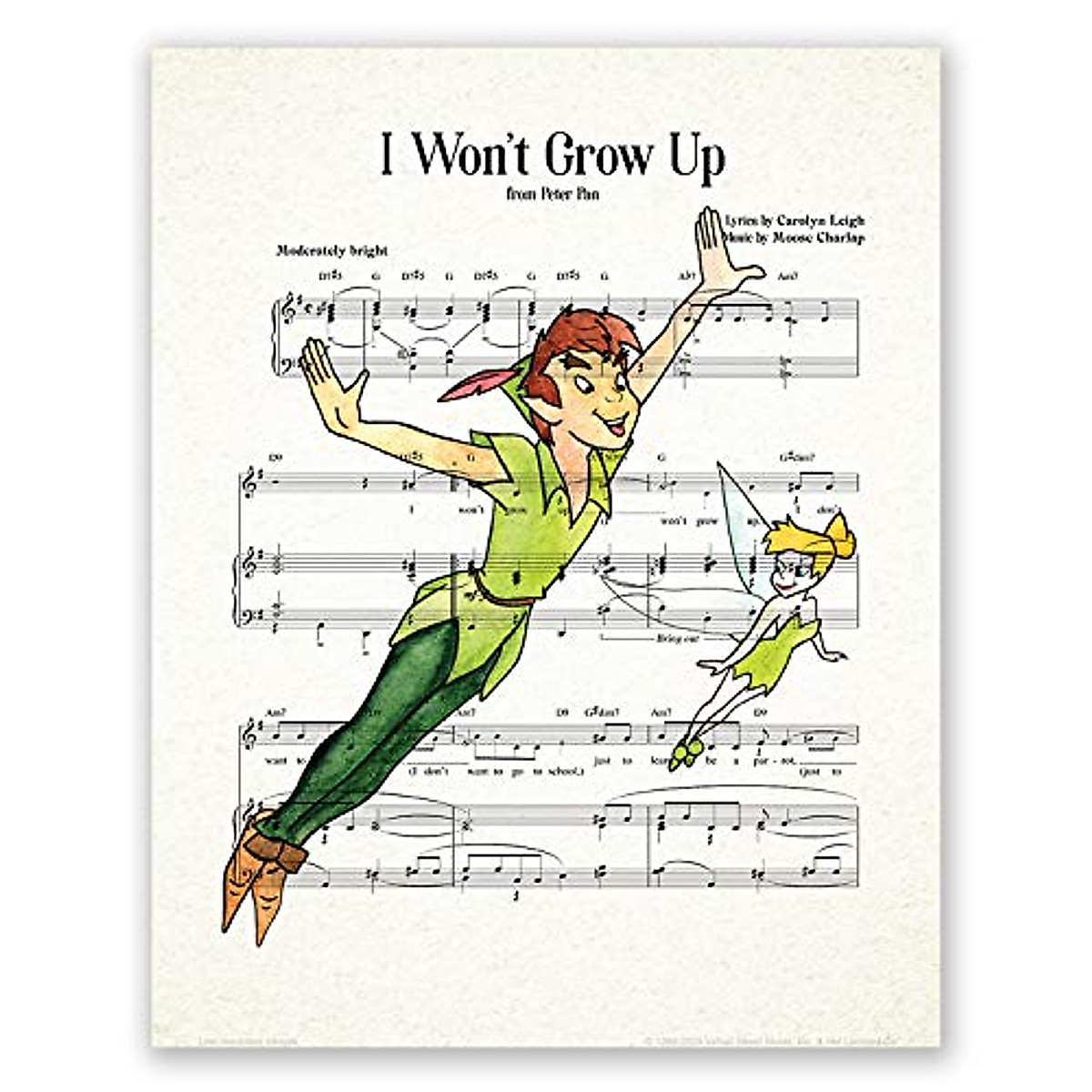 AtoZStudio Peter Pan and Tinker Bell Poster // Neverland Music Sheet Wall Art Decor Print // Nursery Baby Gift // Kids Room Christmas // Party Decoration (8x10)