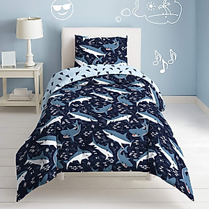 dream FACTORY Sharks Boys Twin Size Boys Bedding Set Cotton Kids Comforter Set with Sham, 2 Piece, Twin, Navy