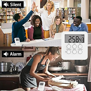Digital Kitchen Timer with Mute/Lound Alarm Switch,3 in 1 Multifunctional Clock Alarm Count UP/Down Timer,24-Hours Memory Function Magnetic Timer for Cooking Learning(White)