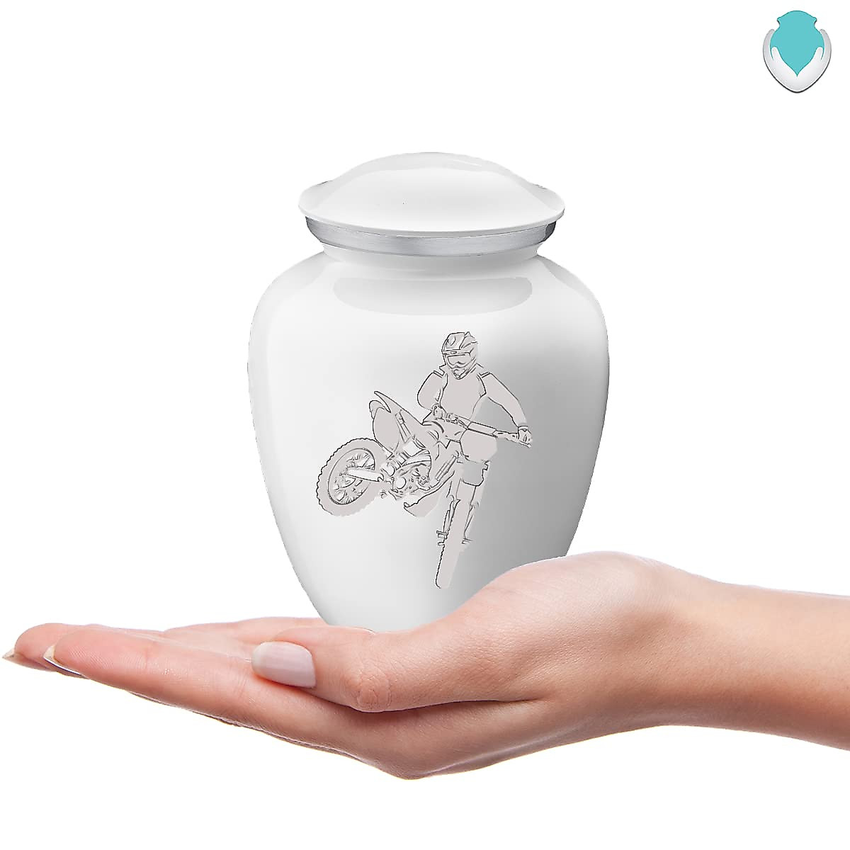 GetUrns Embrace Personalized Dirt Bike Medium Cremation Urn with Custom Text Engraving for Human Ashes for Funeral, Burial, Niche or Columbarium Cremation–44 Cubic Inches –Small Urns for Ashes (White)