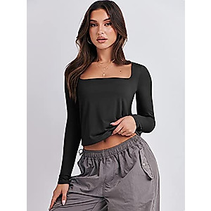 ANRABESS Crop Top for Women Long Sleeve Corset Workout Tees Basic T-Shirt Square Neck Fitted Sexy Going Out Shirt Tops Y2K Clothes 1040heise-M Black