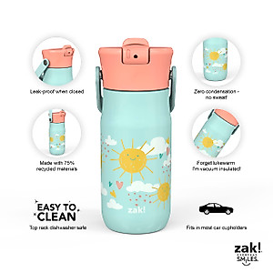 Zak Designs Harmony Kid Water Bottle for Travel or At Home, 14oz Recycled Stainless Steel is Leak-Proof When Closed and Vacuum Insulated (Happy Day)