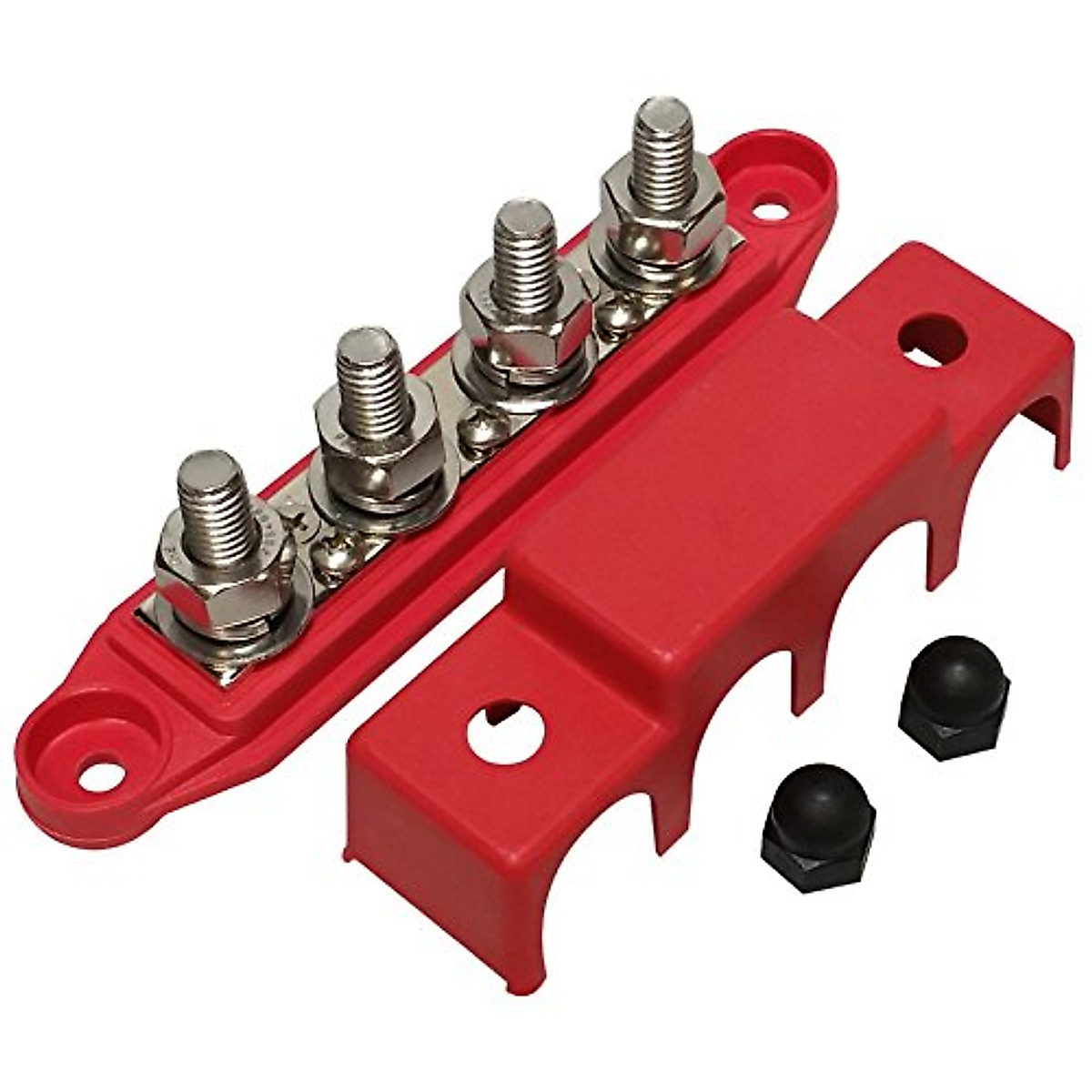 (Red) 3/8" 4 Stud Power Distribution Block -BUSBAR- with Cover - Made in The USA
