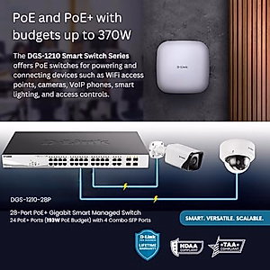 D-Link 28-Port Gigabit Smart Managed PoE+ Switch |24 PoE+ Ports (193W) + 4 SFP Combo Ports |L2+ | VLANs | Web Managed | Surveillance Mode | Rackmount | NDAA Compliant |Lifetime Warranty (DGS-1210-28P)