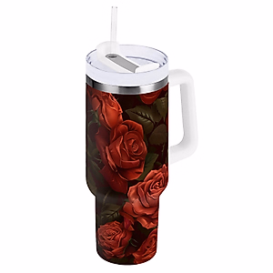 ALAZA Dark Red Rose Flowers 40 oz Tumbler Stainless Steel Water Bottle Vacuum Insulated Cup with Straw Lid & Handle For Travel Car Cup Holder