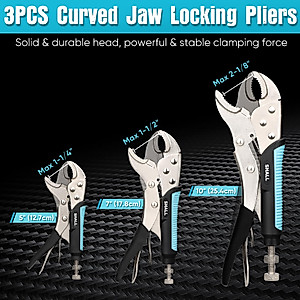 SHALL 6-Piece Locking Pliers, Vice Grips Pliers Set, 5",7" & 10" Curved Jaw Locking Pliers, 6-1/2" & 9-1/2 Long Nose Locking Pliers, 6" Locking C-Clamp, Two-Color TPR Handle, Roll Up Pouch Included