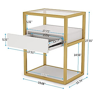 Tribesigns Nightstand Tall Side Table, Modern Simple Style End Table with Drawer and Shelf, Tempered Glass Bedside Table, Metal Frame, 19.6”X15.7”X27.5” (1PC, Gold and White)