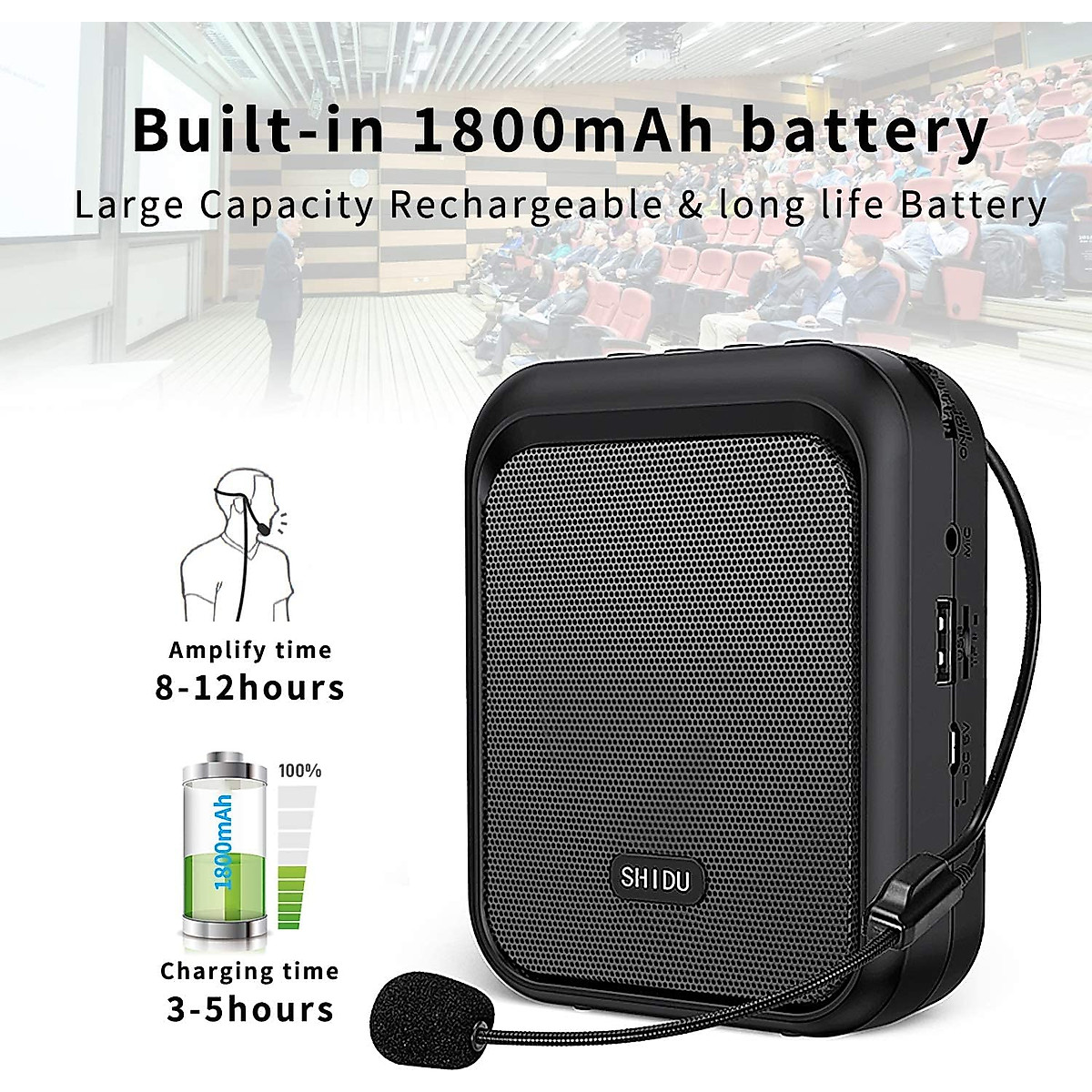 SHIDU Mini Voice Amplifier Portable Rechargeable Bluetooth Speaker with Wired Microphone Headset 10W 1800mAh PA system Supports MP3 Format Audio for Teacher, Taxi Driver, Coaches, Training, Tour Guide