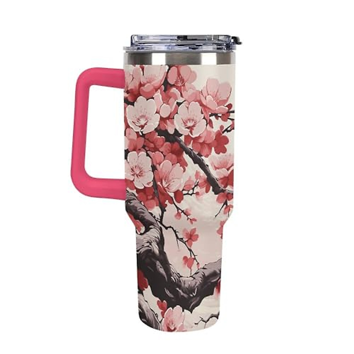 40 Oz Vacuum Tumbler with Light Rose Red Handle Leakproof Insulated Tumbler Japanese Floral Cherry Blossom Stainless Steel Travel Mug with Lid And Straw Coffee Cup Cute Water Bottles Cup Holder Friend